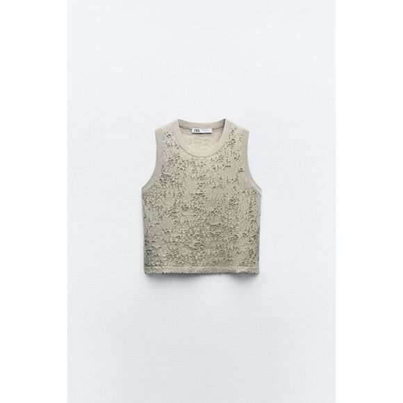 Zara | Tops | Zara Jacquard Knit Metallic Silver Thread Sleeveless ...